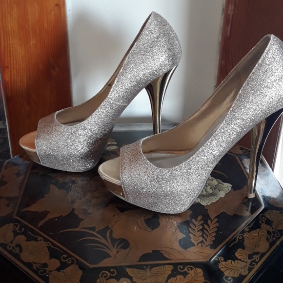 Shoes | Gold Glitter Open Toe Platform High Heels | Poshmark